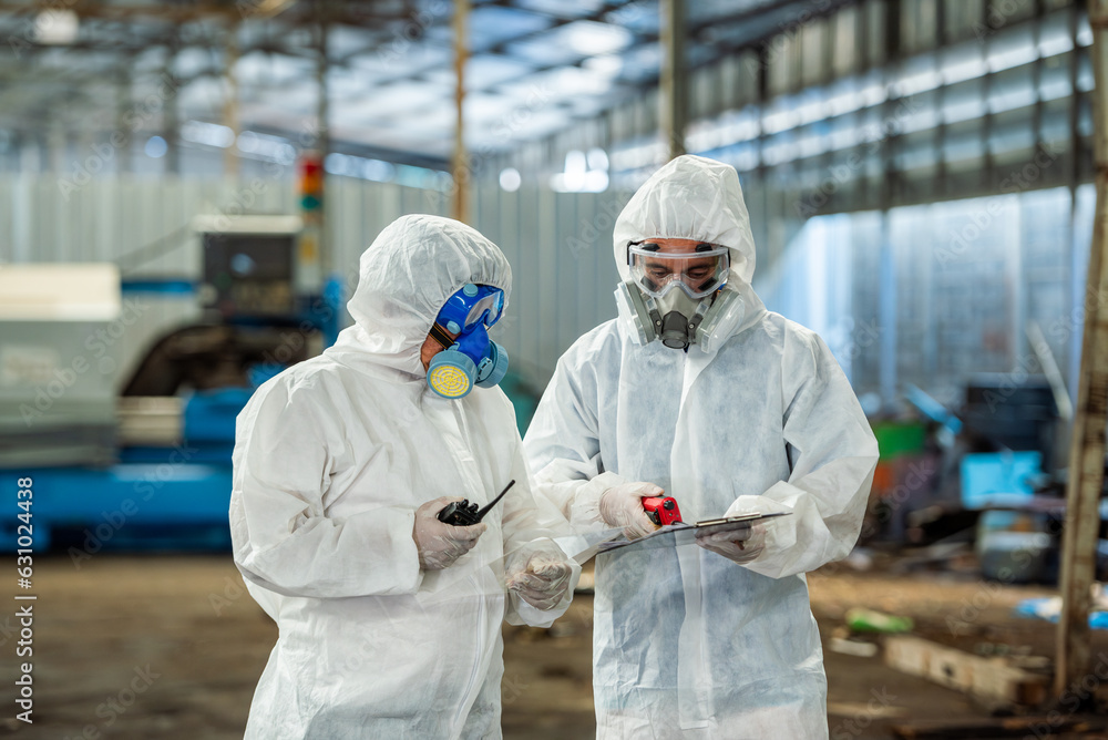 Male inspector team investigate danger chemical gas leak spill with ...