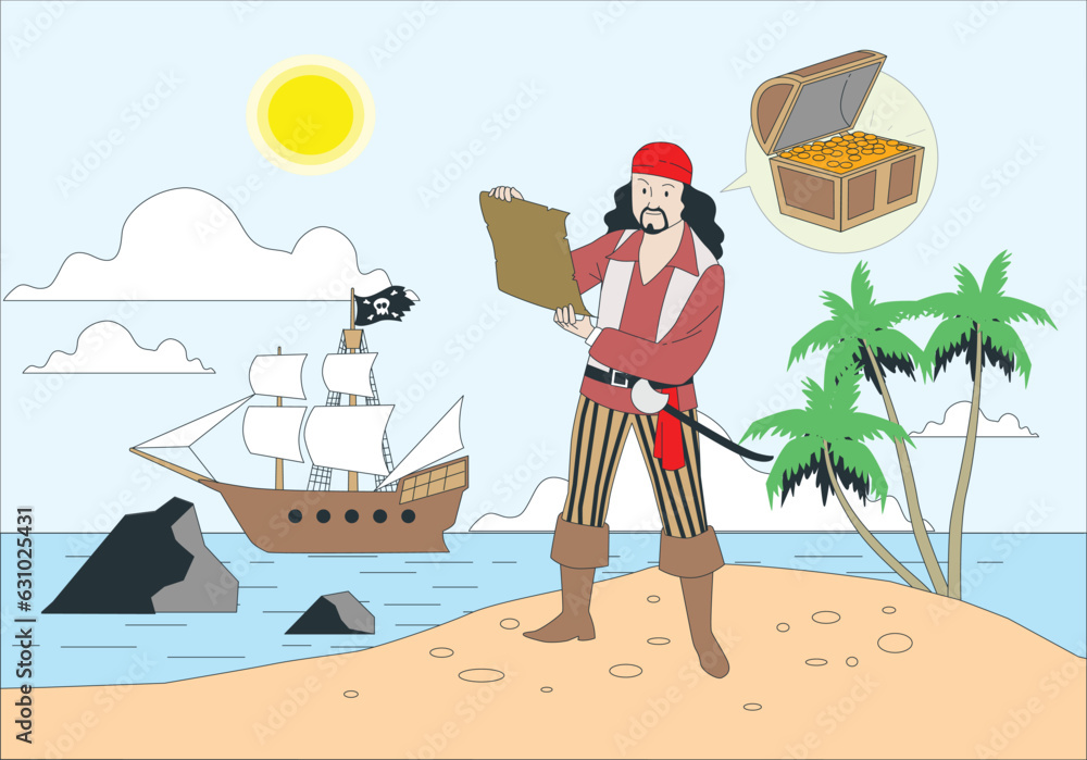 Vetor de Pirate composition with island landscape human character with ...