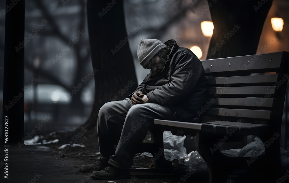 Old homeless man sleeping and very hungry on dark evening with light ...