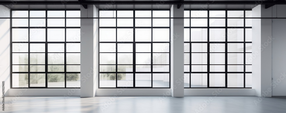 White room. white vacant building floor with black window frames and ...