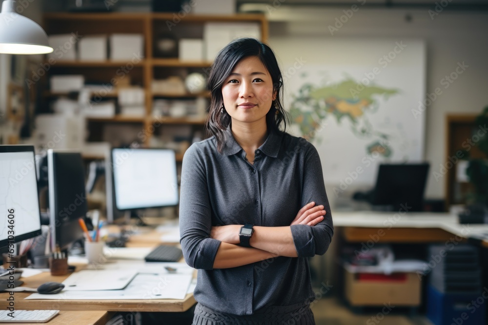 Casual portrait of a designer in her office standing by her desk ...