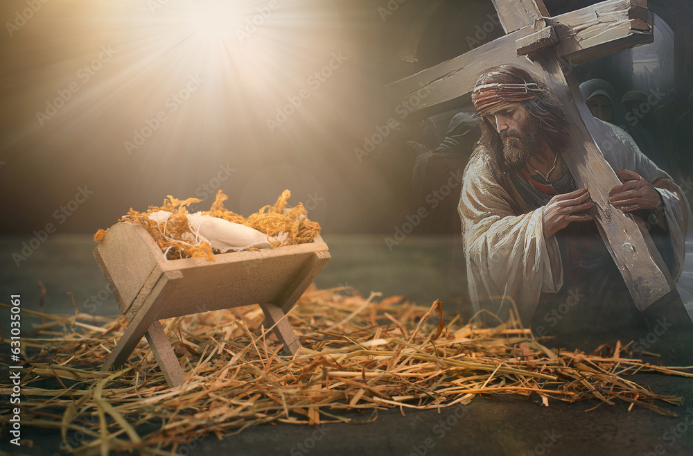 Birth and death of Jesus Christ, manger in Bethlehem, Jesus carrying ...