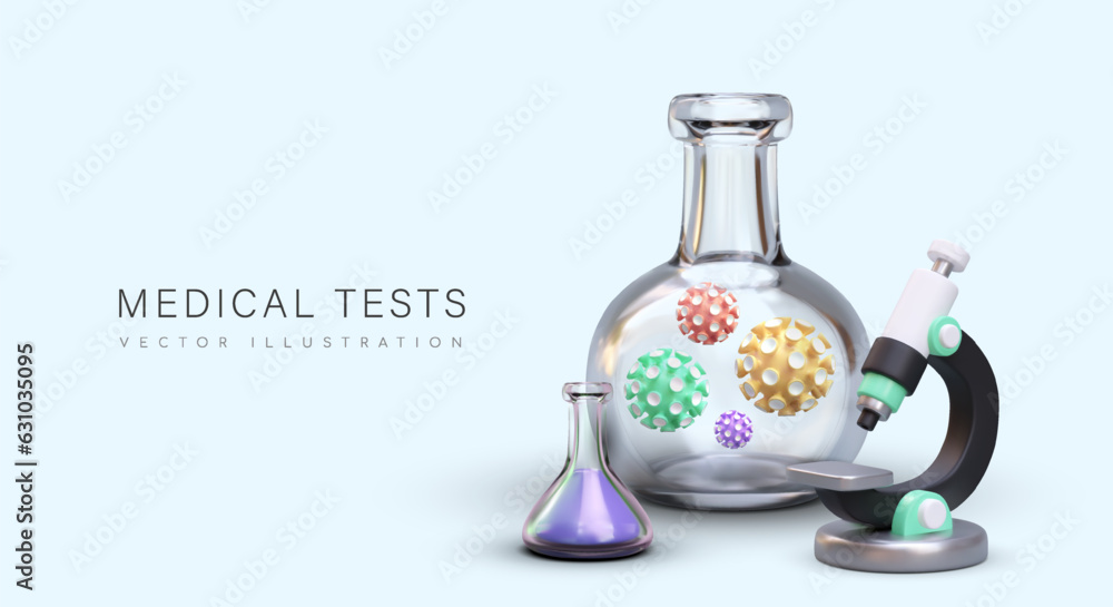 Realistic test tubes with liquids and bacteria. Set of 3d equipment ...