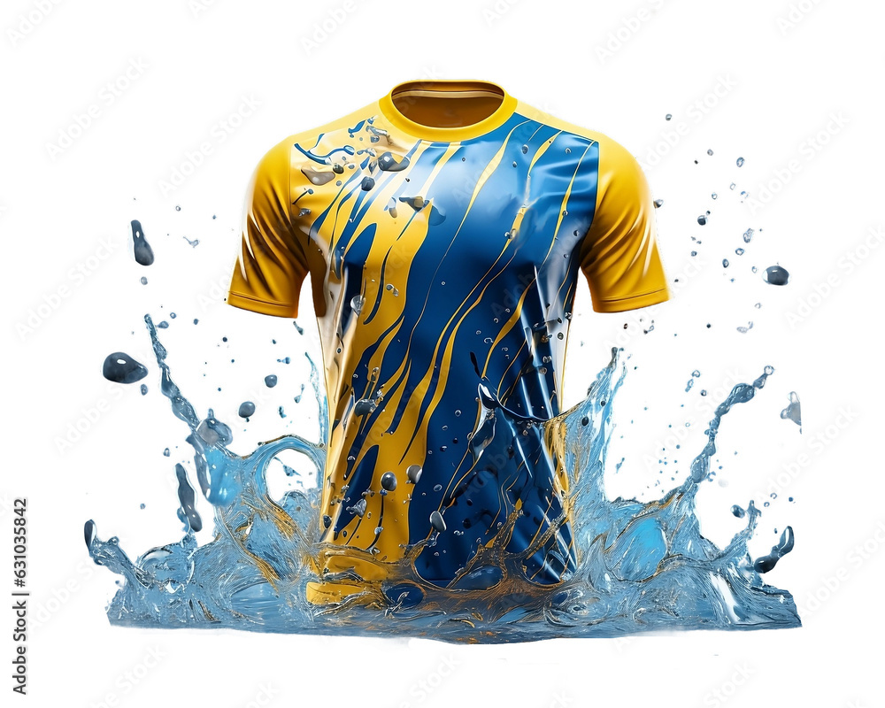 Mock up blue jersey with white and gold splash pattern and chest shape ...