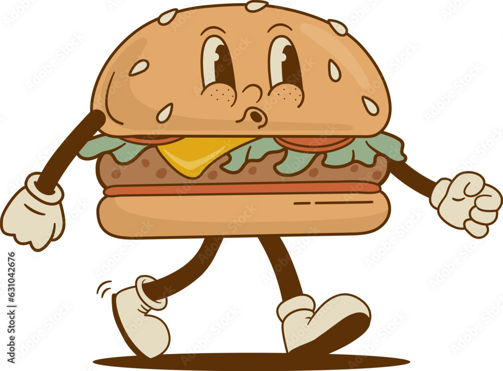 Retro cartoon funny burger character. Vintage street food hamburger ...