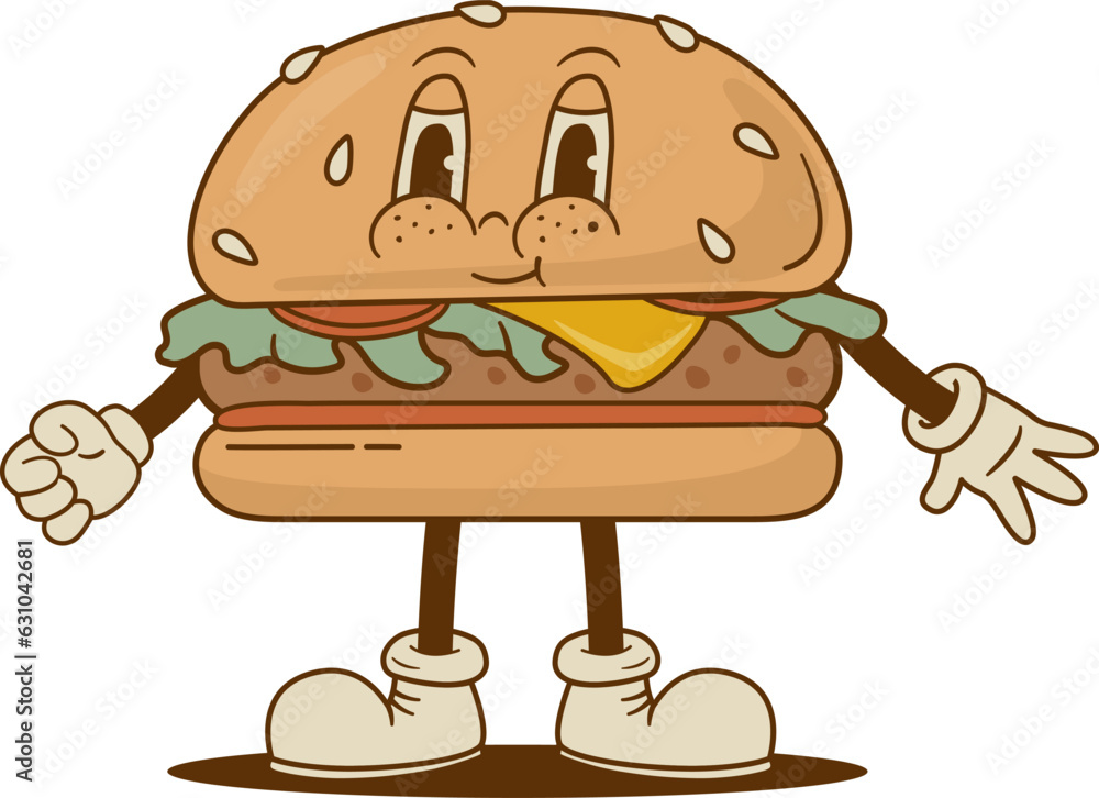 Retro cartoon funny burger character. Vintage street food hamburger ...