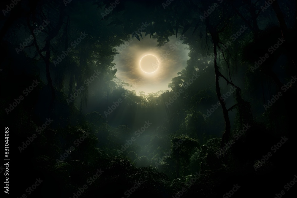 Shadowed Canopy: A Vivid Scene of a Total Solar Eclipse Looming Over a ...
