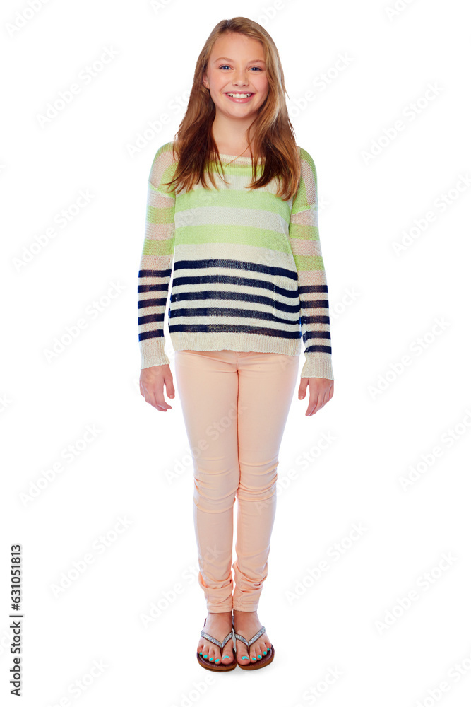 Fashion, girl and kid in full body portrait, clothes and cool youth ...