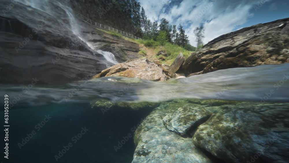 The fascinating underwater world of a shallow river with clear water ...