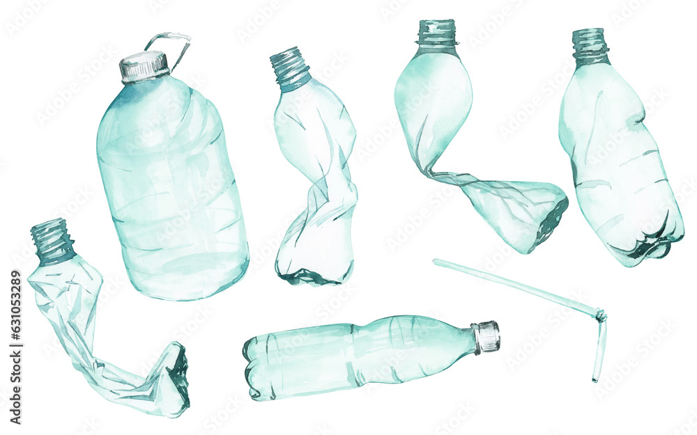 Watercolor plastic bottles. Enviroment pollution poster, Save the ocean ...