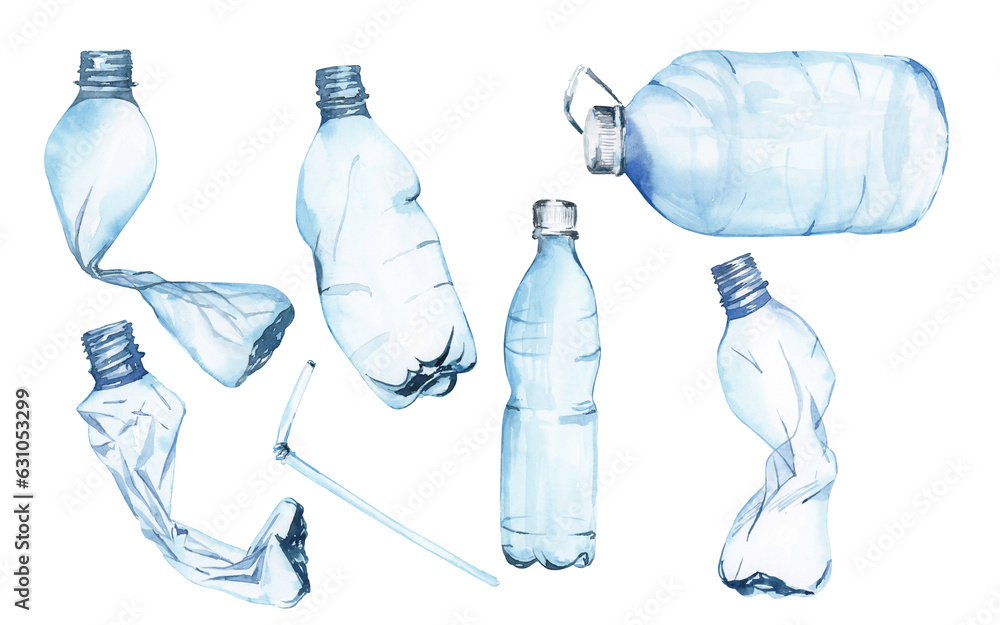 Watercolor plastic bottles. Enviroment pollution poster, Save the ocean ...