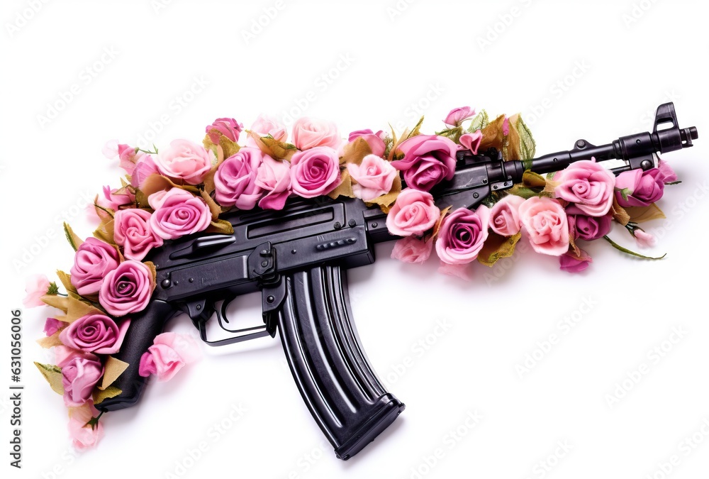 Automatic assault rifle with pink roses bouquet isolated on white ...