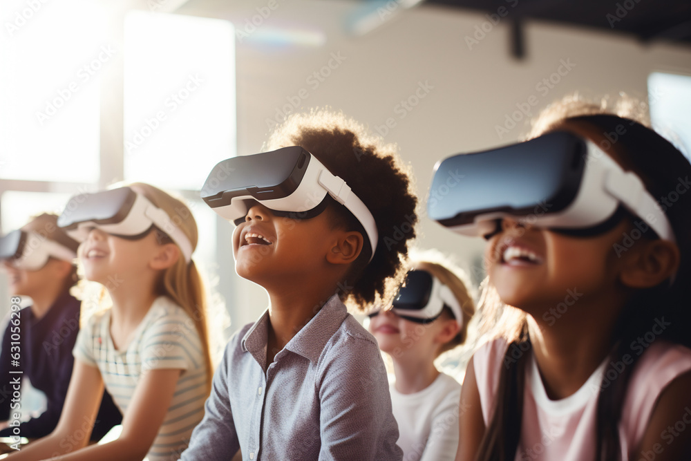 back to school: kids of different races in a modern classroom using VR ...
