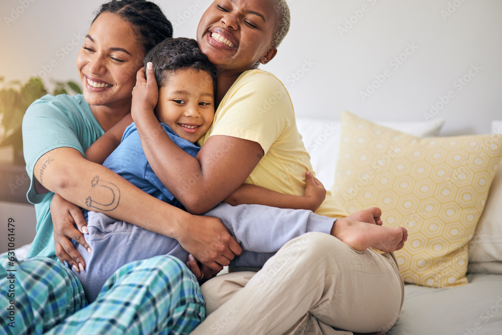 LGBT, bedroom hug and happy family, child and relax mothers bonding ...