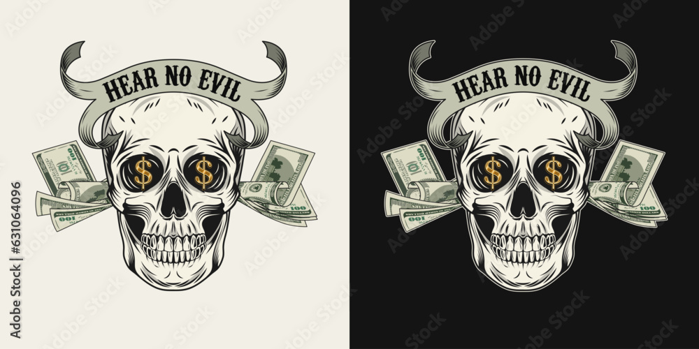 Label with skull, money, heap of 100 dollar bills, dollar sign, vintage ...