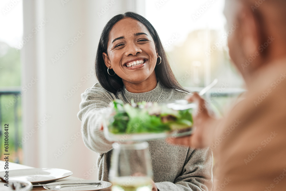 Happy woman, salad and family dinner at thanksgiving celebration at ...