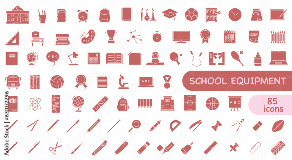 Collection of school icons full in red. School education. Stock Vector ...