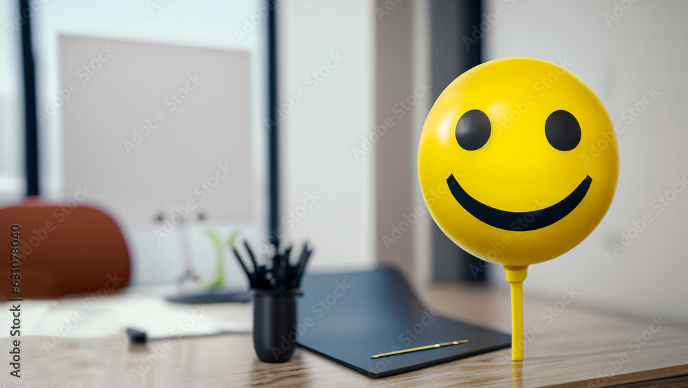 Positivity in the workplace demonstrated by a yellow smiling ball in ...