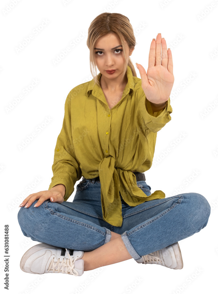 Showing stop sign, full length body view young blonde woman sit on ...