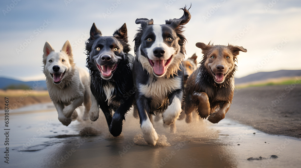 Dogs lined up together for a portrait in front of a seamless grey ...