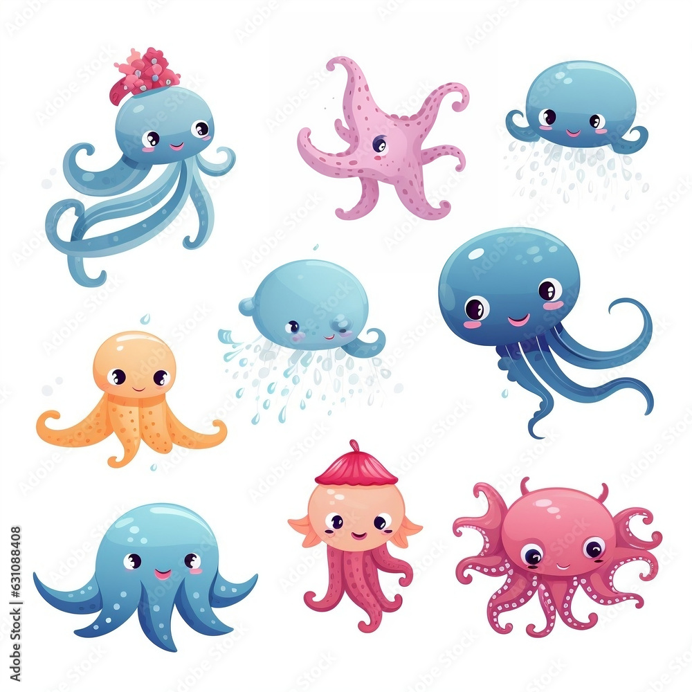 Set of cartoon cute sea animals isolated in white background, Cute sea ...