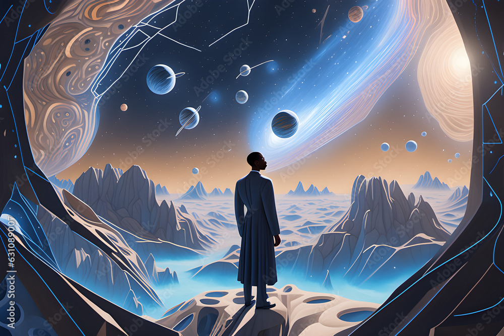 Illustrate a mesmerizing scene of otherworldly beings observing the ...