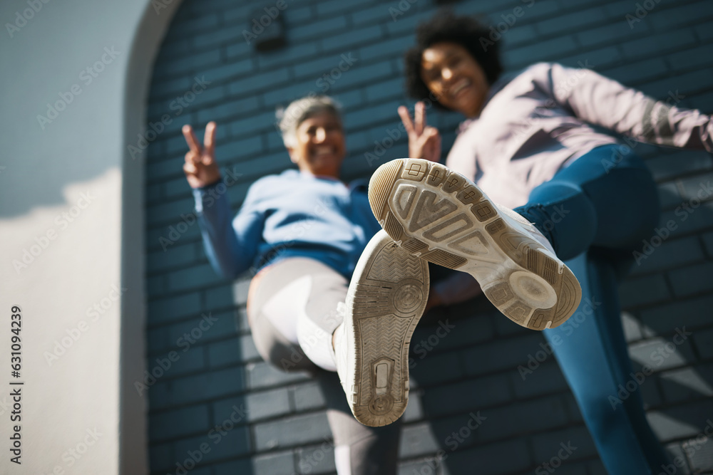 Bottom view, women shoes and closeup with portrait, peace sign and ...
