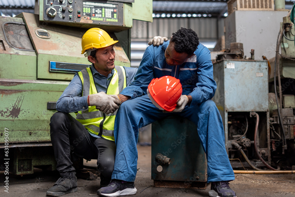 tried african american engineer worker so sad sitting take a break burn ...