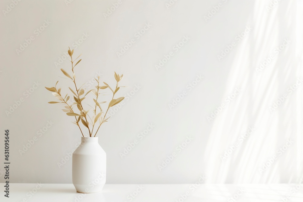 Simple white vase with brief floral decoration, on a white background ...