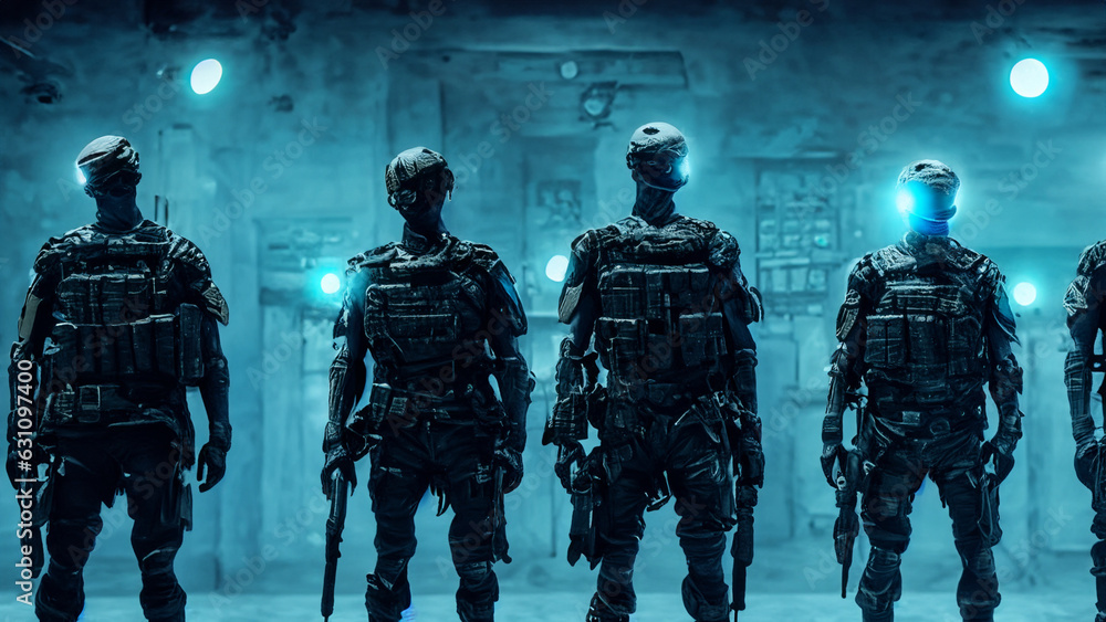 Cyberpunk police soldiers patrolling a dystopian city of the future ...