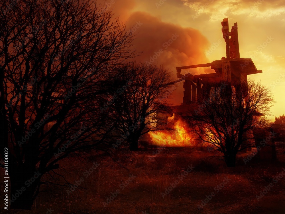 Smoke, disaster and danger with fire in house for destruction, fossil ...