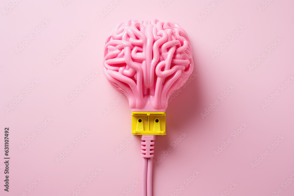 Human brain connected by wires to power grid isolated on flat ...