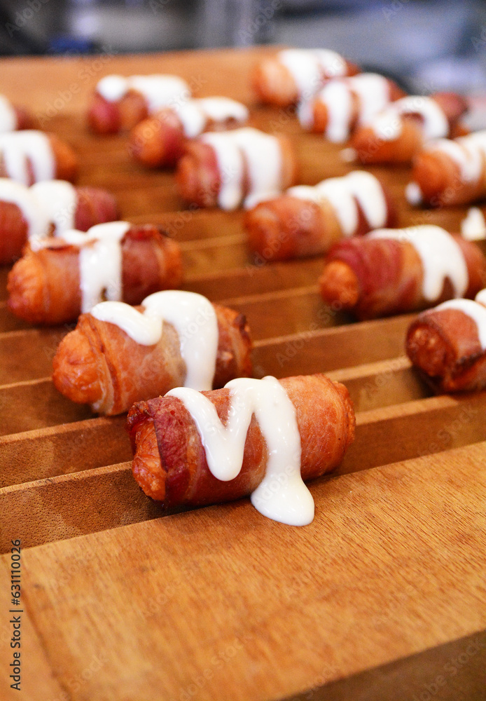 healthy salad corner with mini sausage with burning cheese luxury hotel ...