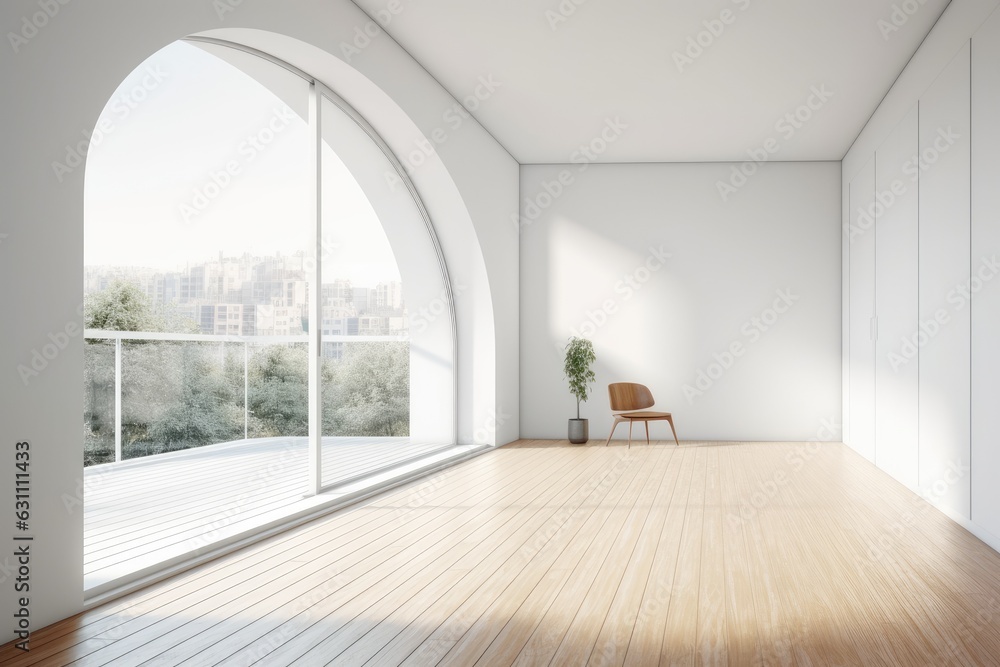 Interior of a white arch wall with a window and a sky backdrop ...