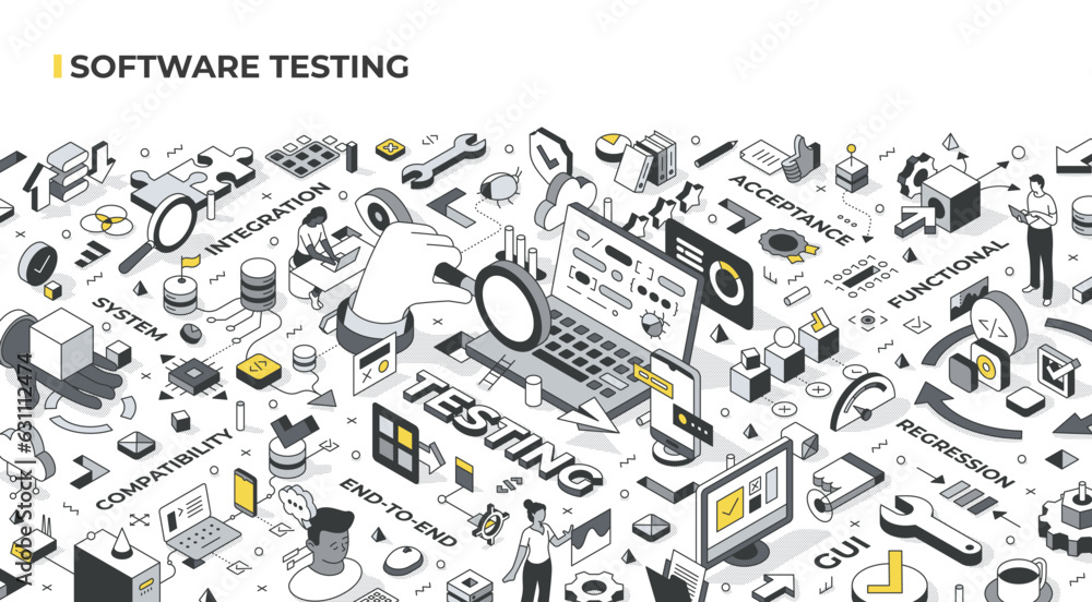 Software testing isometric illustration. The focus is on various types ...