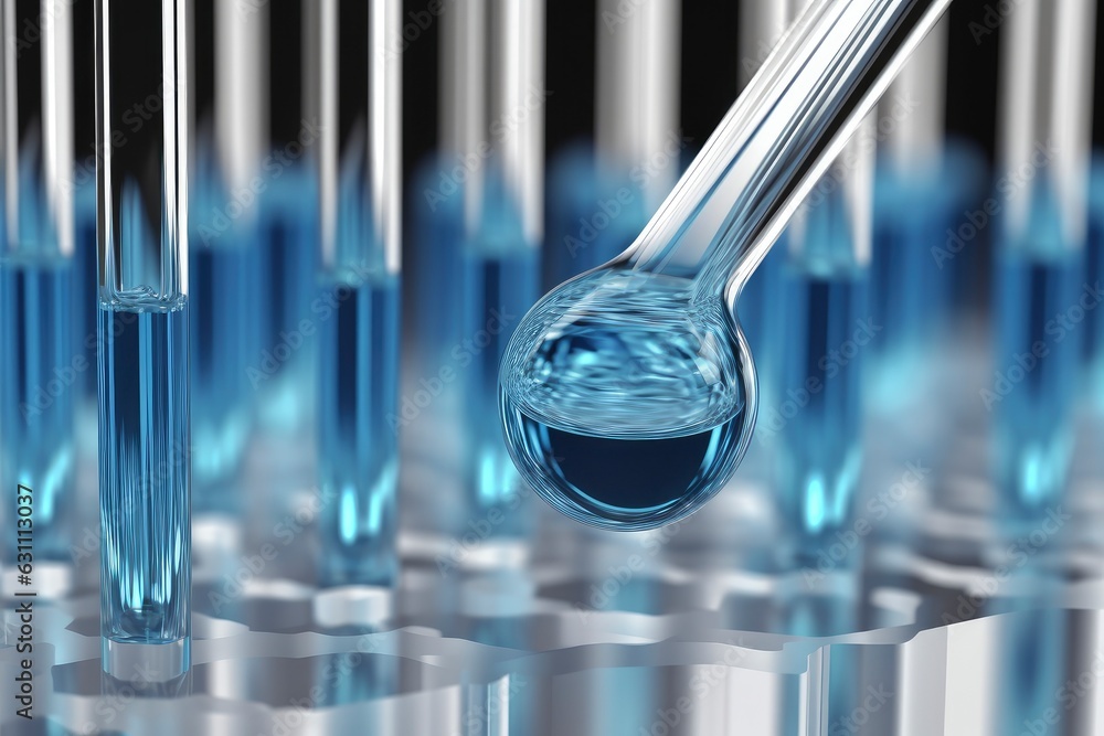 Medical or science laboratory, liquid drop droplet with dropper in blue ...