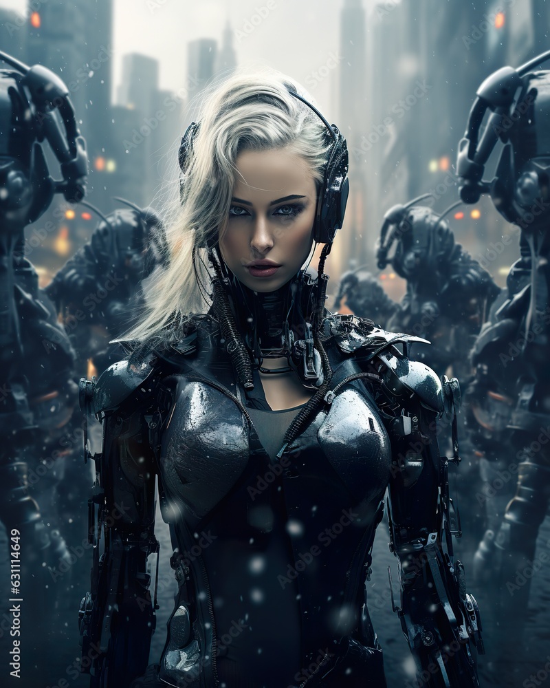 dark futuristic female cyborg with robotic wear and tech look ...