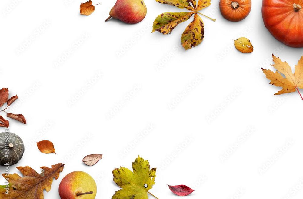 A collection of autumn fall leaves, fruits and pumpkins a forming a ...