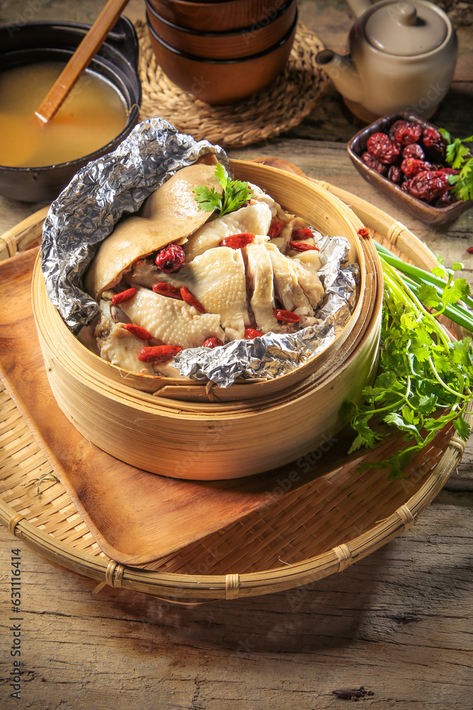 asian traditional double boiled herbal kampong chicken hot healthy soup ...