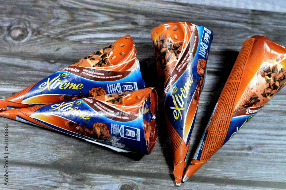Cairo, Egypt, July 27 2023: Extreme Nestle chocolate ice cream cone ...
