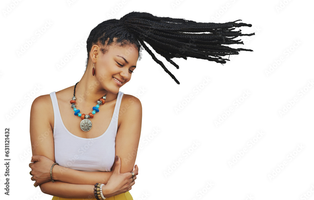 Woman, shake hair and braids with fashion, energy and freedom, happy ...