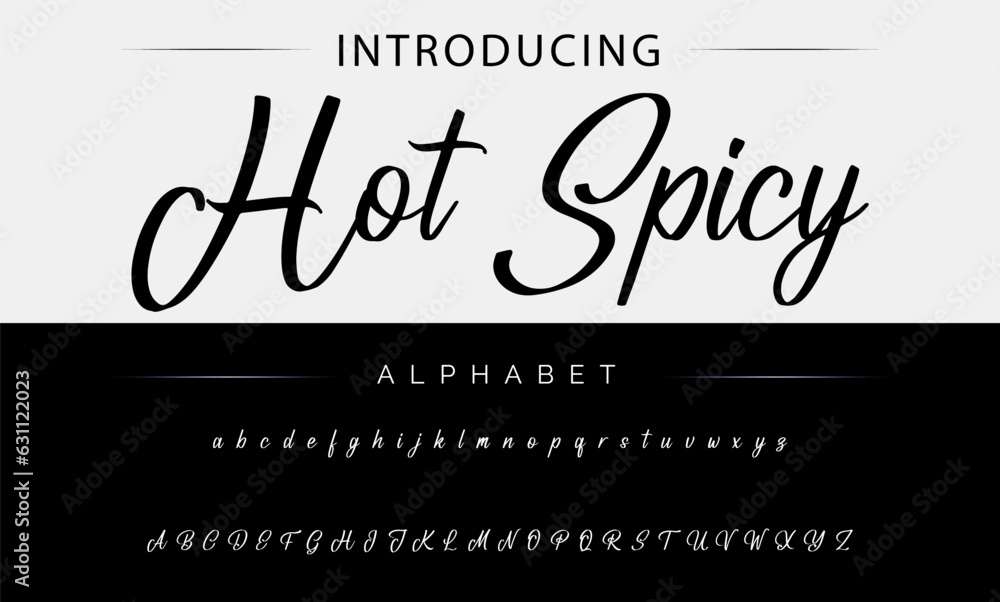 Hot Spicy Lettering signature font isolated on grey background. brus ...