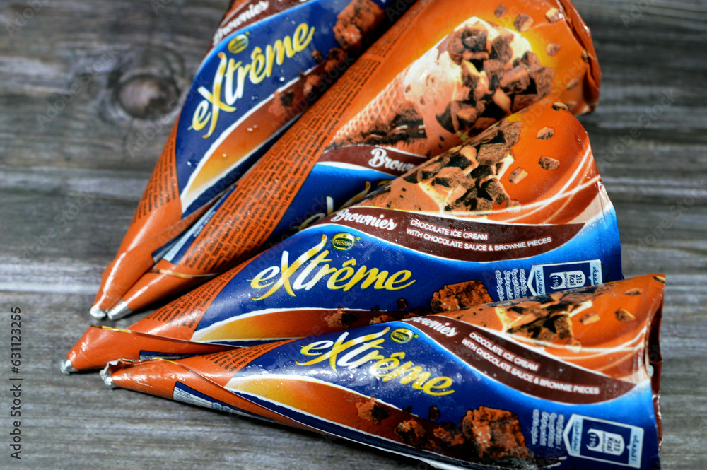 Cairo, Egypt, July 27 2023: Extreme Nestle chocolate ice cream cone ...
