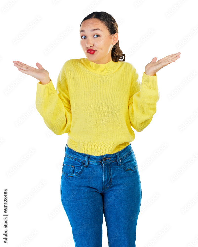 Portrait, confused woman and doubt isolated on transparent png ...