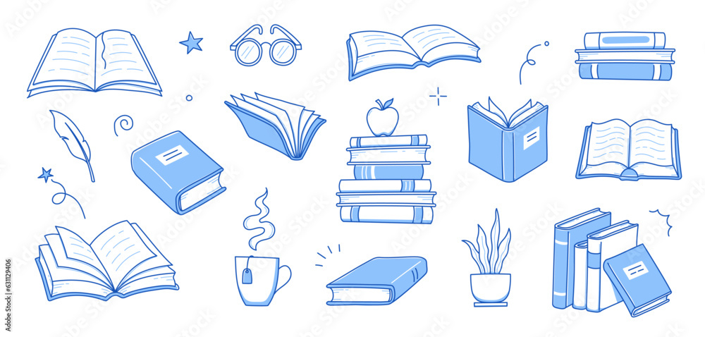 Book library stack sketch set. Hand drawn sketch doodle style line book ...