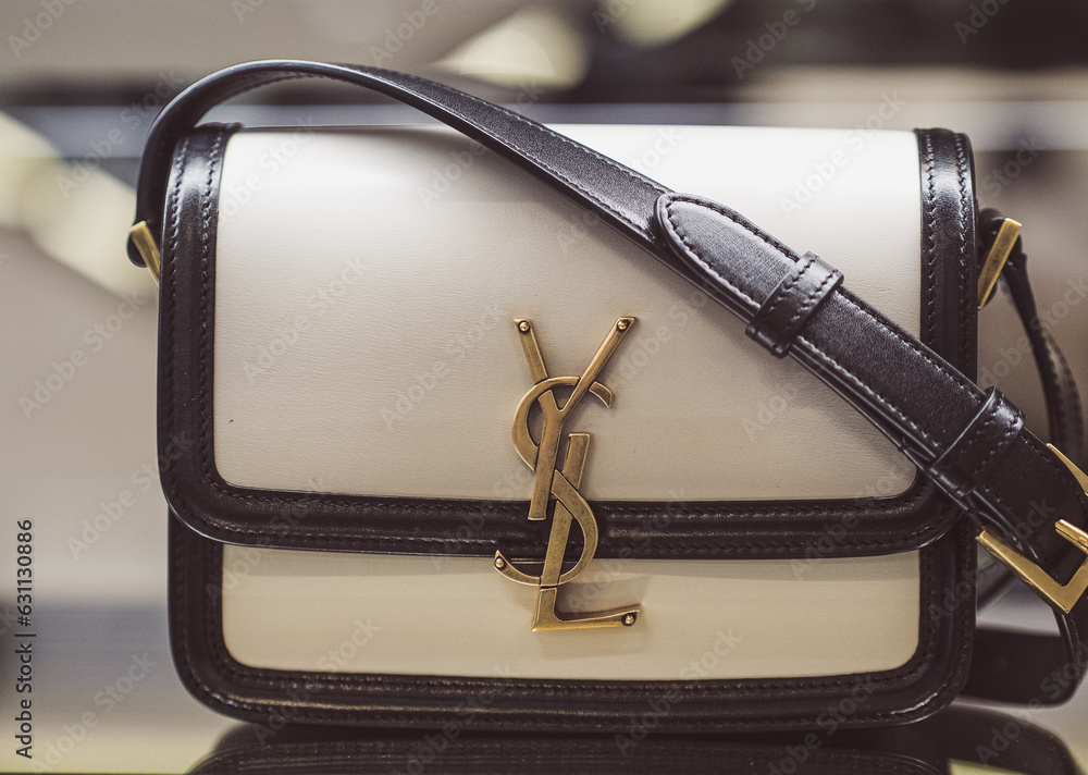two-tone brown and beige leather shoulder bag, large golden YSL logo by ...