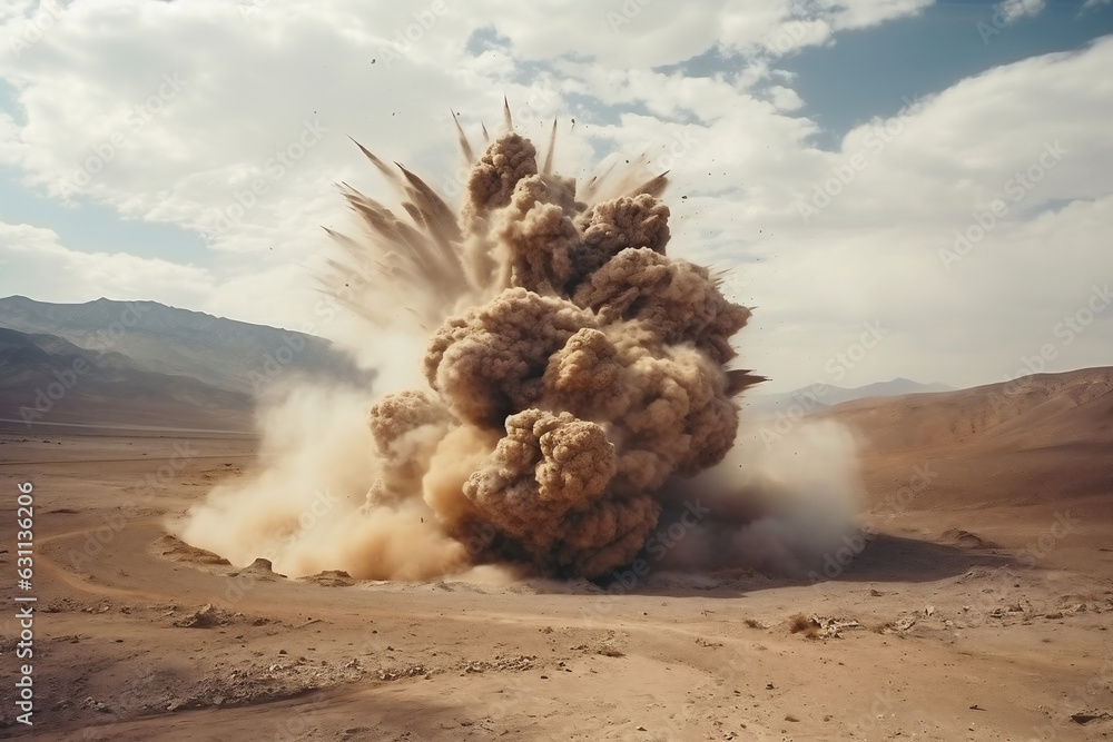 Nuclear explosion in the desert. Puffs of sand and ash against the sky ...