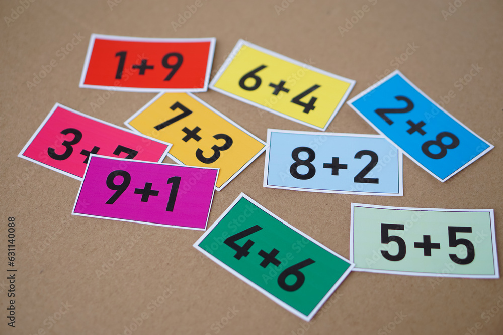 Cards for math subject, numbers plus , addition on colorful cards ...