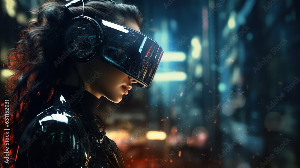 dark futuristic female cyborg with robotic wear goggles and tech look ...