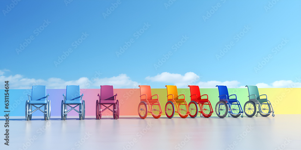Colorful Freedom: Rainbow Wheelchairs against Serene Sky Backgrounds ...